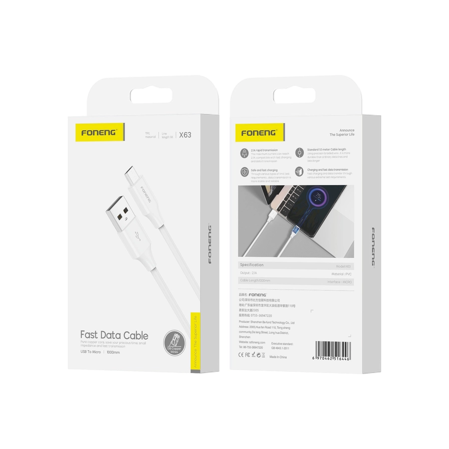 FONENG cable X63 Micro USB 2.1A 1M White - DreamGSM wholesaler
