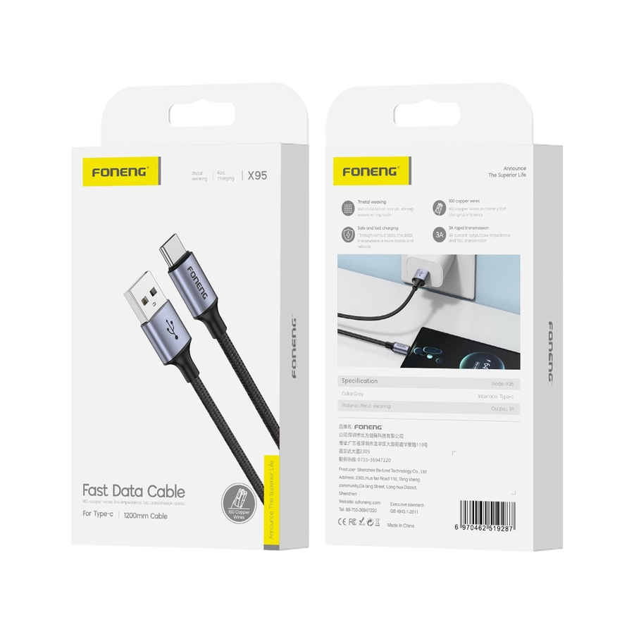 FONENG cable X95 USB-C 3A 1.2M Black - DreamGSM wholesaler