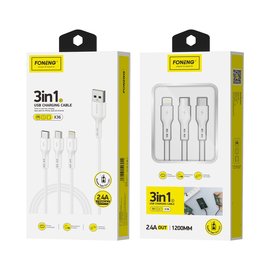 FONENG cable X36 3in1 3A 1.2M White - DreamGSM wholesaler